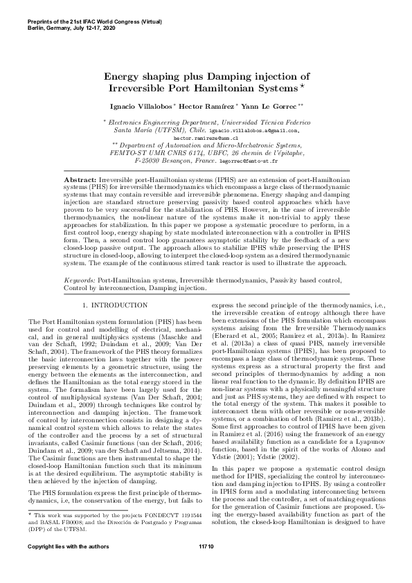 (PDF) Energy shaping plus Damping injection of Irreversible Port Hamiltonian Systems | Yann Le ...