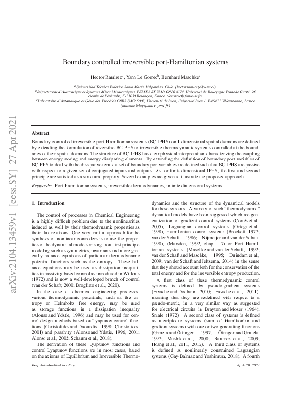 (PDF) Boundary controlled irreversible port-Hamiltonian systems