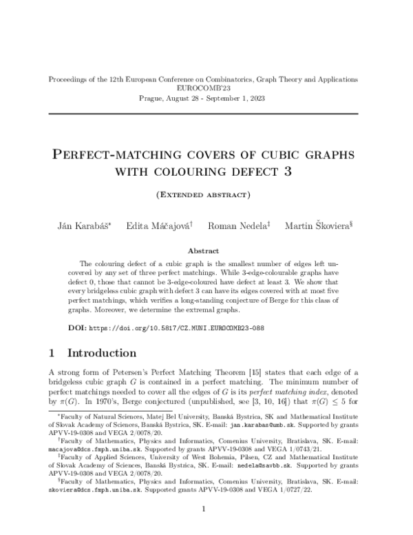 (PDF) Perfect-matching covers of cubic graphs with colouring defect 3 ...