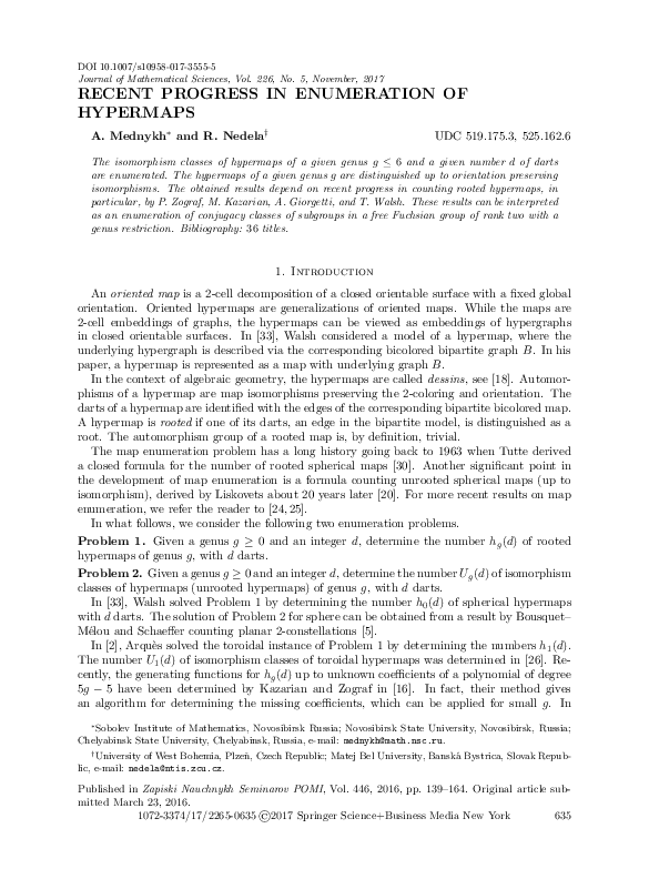 (PDF) Recent Progress in Enumeration of Hypermaps (PDF) Recent Progress in Enumeration of Hypermaps