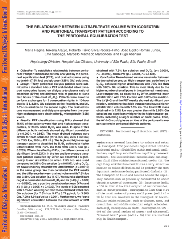 (PDF) The Relationship between Ultrafiltrate Volume with Icodextrin and ...