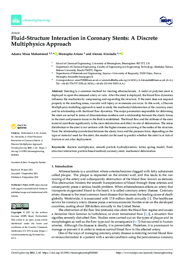 (PDF) Fluid-Structure Interaction in Coronary Stents: A Discrete Multiphysics Approach | Adamu ...