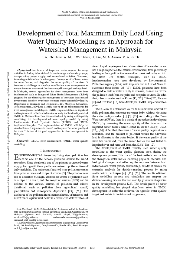 (PDF) Development Of Total Maximum Daily Load Using Water Quality Modelling As An Approach For ...