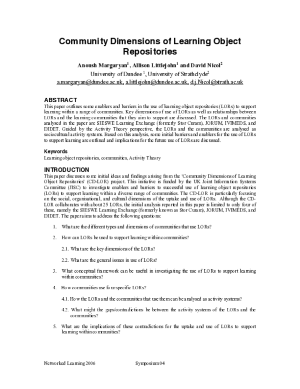 (PDF) Community dimensions of learning object repositories