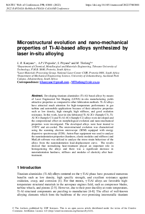 (PDF) Microstructural evolution and nano-mechanical properties of Ti-Al-based alloys synthesized ...