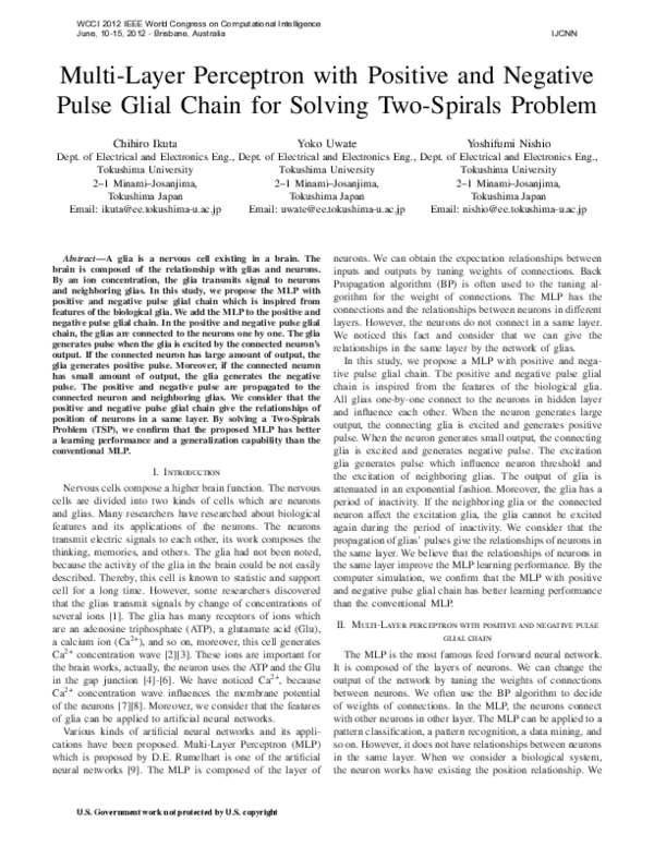 (PDF) Multi-Layer Perceptron with positive and negative pulse glial chain for solving two ...