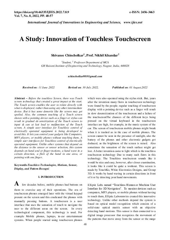 (PDF) A Study: Innovation of Touchless Touchscreen