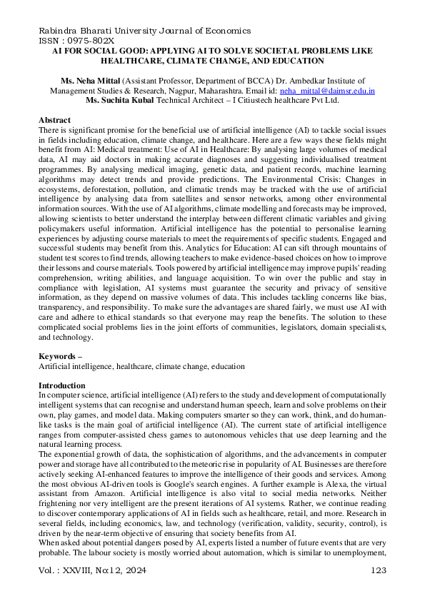 (PDF) AI FOR SOCIAL GOOD: APPLYING AI TO SOLVE SOCIETAL PROBLEMS LIKE ...