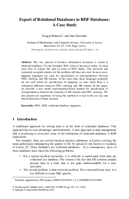 (PDF) Export of Relational Databases to RDF Databases: A Case Study