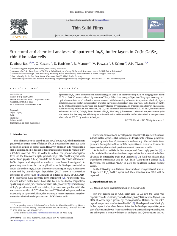 (PDF) Structural and chemical analyses of sputtered In S buffer layers ...