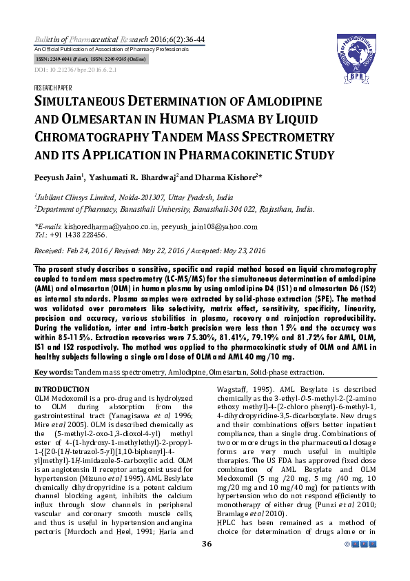(PDF) Simultaneous Determination of Amlodipine and Olmesartan in Human Plasma by Liquid ...