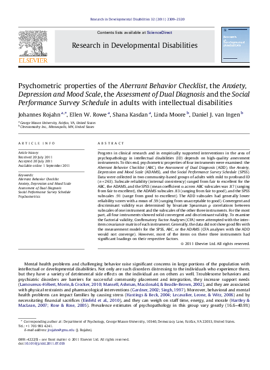 (PDF) Psychometric properties of the Aberrant Behavior Checklist, the ...