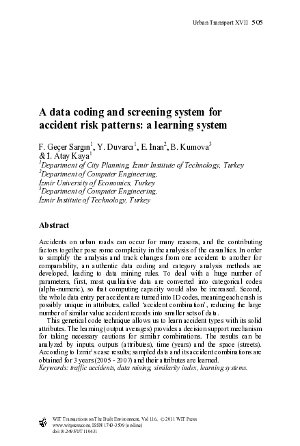 (PDF) A data coding and screening system for accident risk patterns: a learning system | Bora İ ...