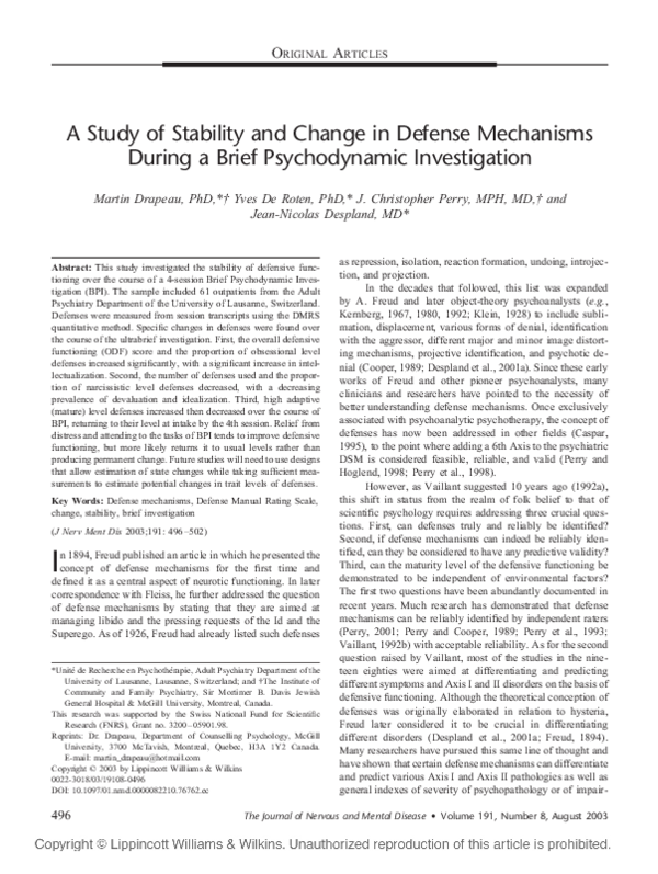 (PDF) A Study of Stability and Change in Defense Mechanisms During a ...