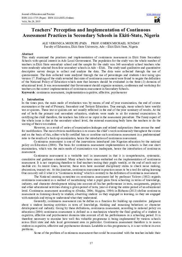 (PDF) Teachers' Perception and Implementation of Continuous Assessment Practices in Secondary ...
