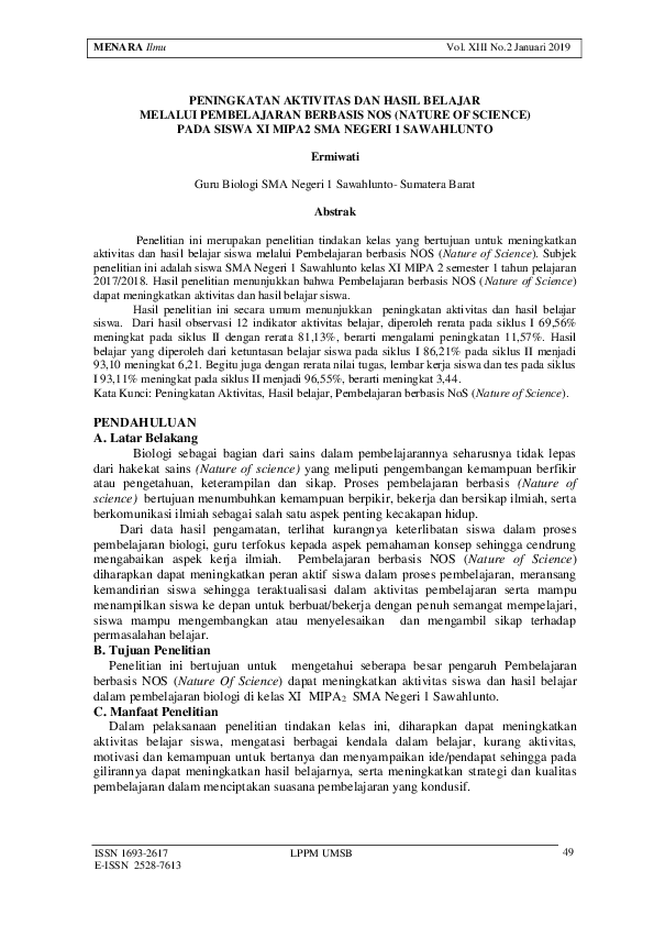 (PDF) Peningkatan Aktivitas Dan Hasil Belajar Melalui Pembelajaran Berbasis Nos (Nature of ...
