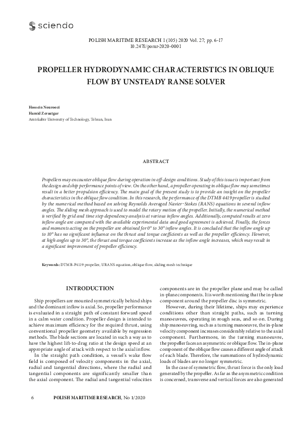 (PDF) Propeller Hydrodynamic Characteristics in Oblique Flow by Unsteady Ranse Solver