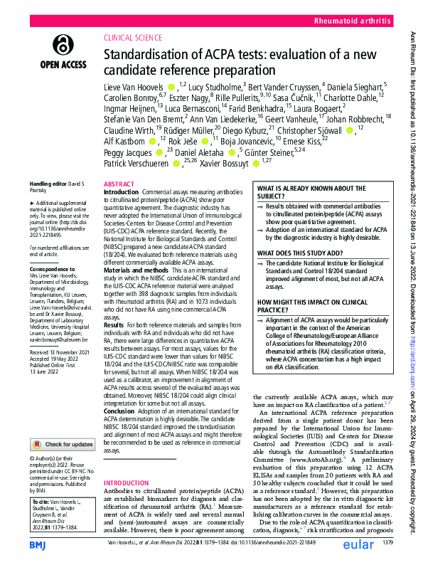 (PDF) Standardisation of ACPA tests: evaluation of a new candidate ...