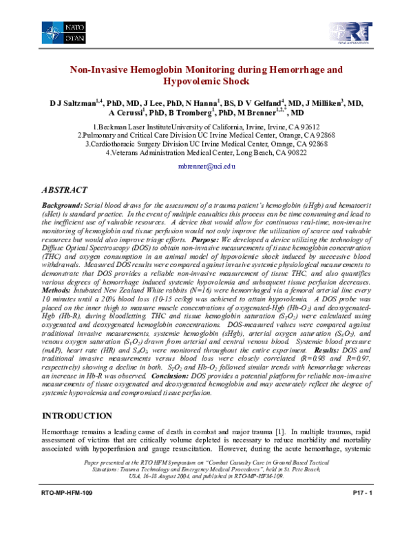 (PDF) Non-Invasive Hemoglobin Monitoring during Hemorrhage and Hypovolemic Shock