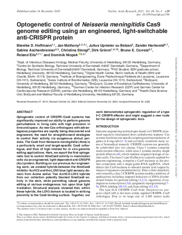 (PDF) Optogenetic control of Neisseria meningitidis Cas9 genome editing using an engineered ...