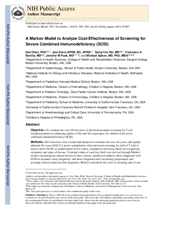 (PDF) A Markov model to analyze cost-effectiveness of screening for ...