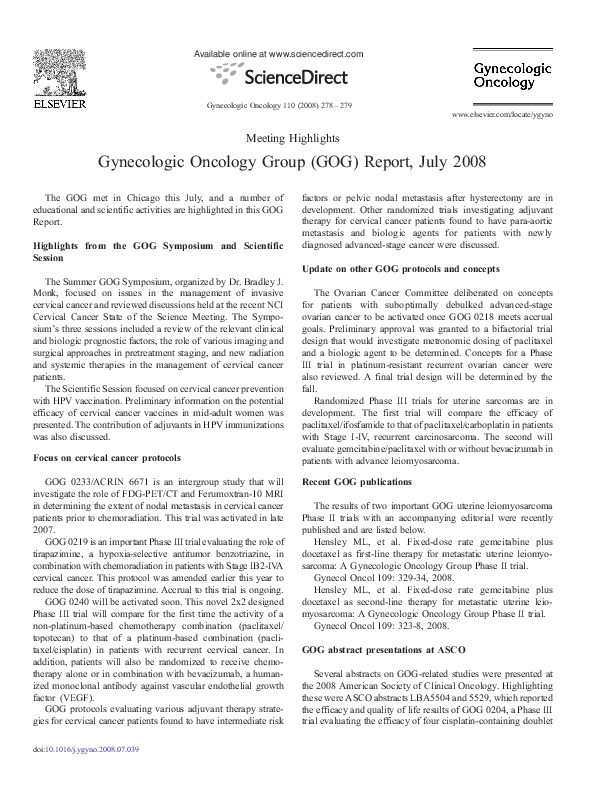 (PDF) Gynecologic Oncology Group (GOG) Report, July 2008