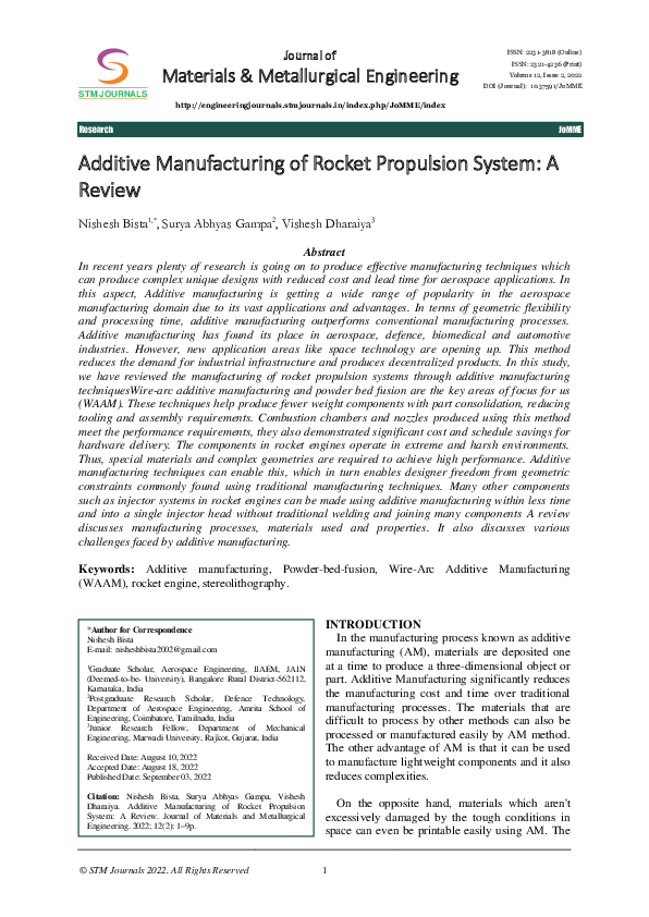 (PDF) Additive Manufacturing of Rocket Propulsion System: A Review