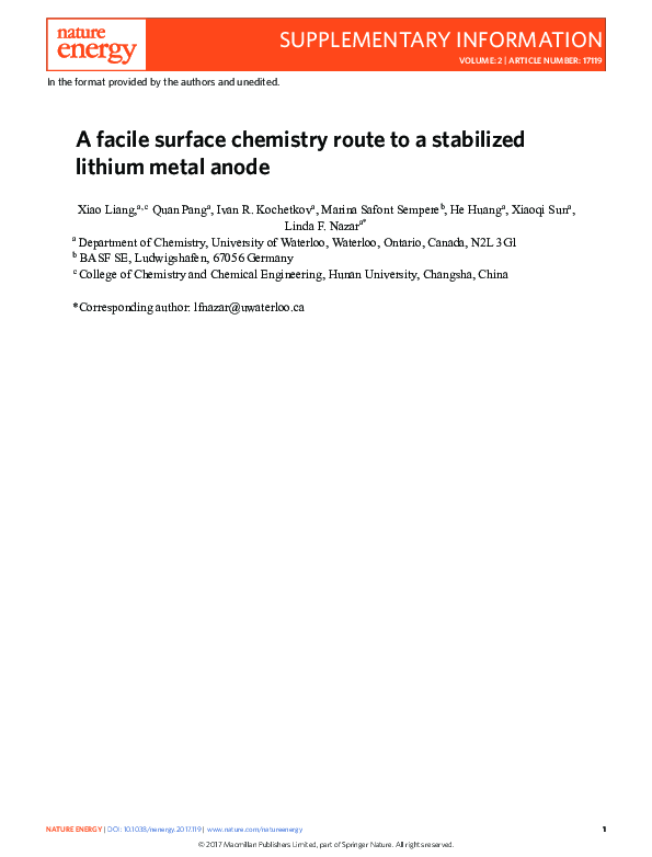 (PDF) A facile surface chemistry route to a stabilized lithium metal anode