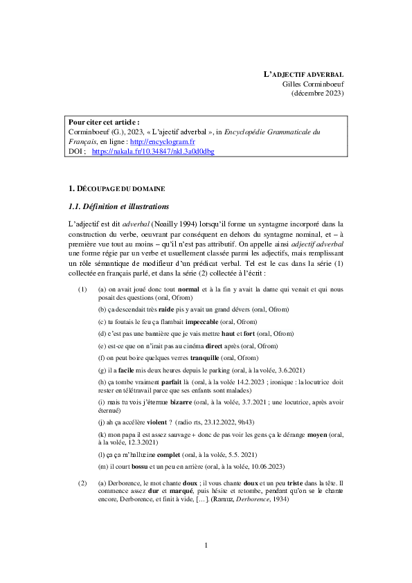 (PDF) « L’adjectif adverbal » | Gilles Corminboeuf - Academia.edu