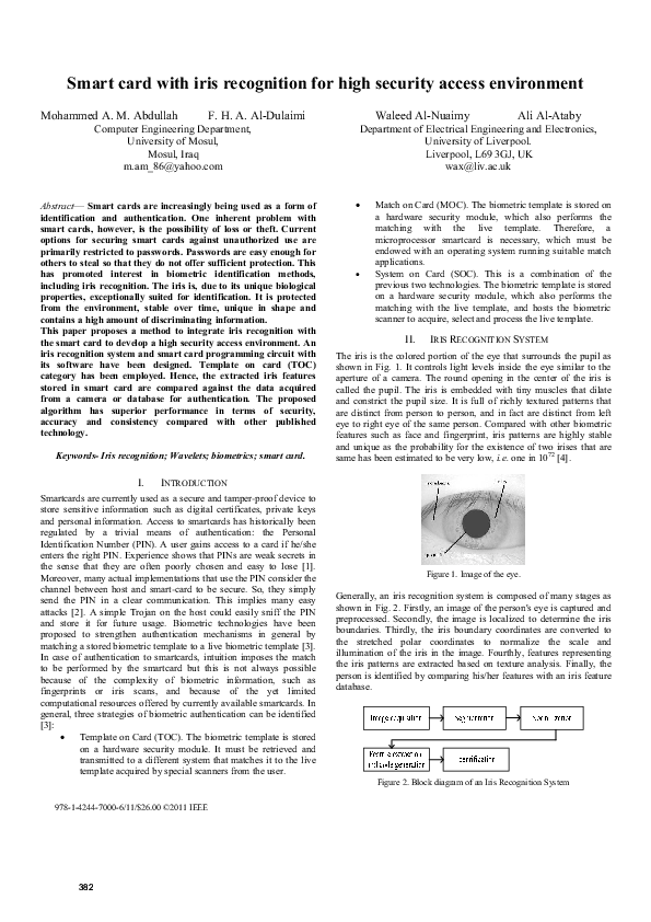 (PDF) Smart card with iris recognition for high security access environment