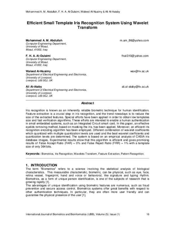 Pdf Efficient Small Template Iris Recognition System Using Wavelet
