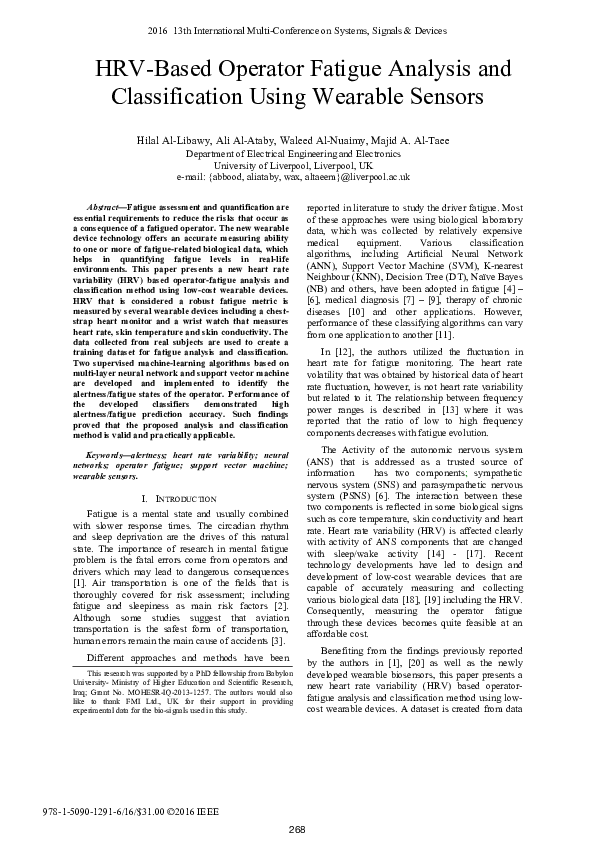 (PDF) HRV-based operator fatigue analysis and classification using wearable sensors