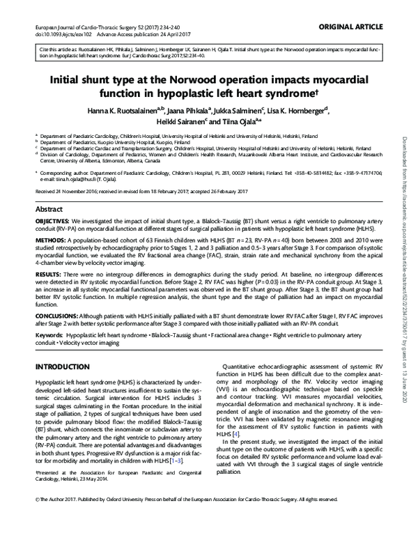 (PDF) Initial shunt type at the Norwood operation impacts myocardial ...