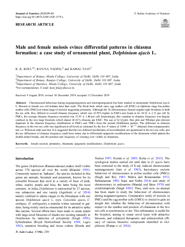 (PDF) Male and female meiosis evince differential patterns in chiasma ...