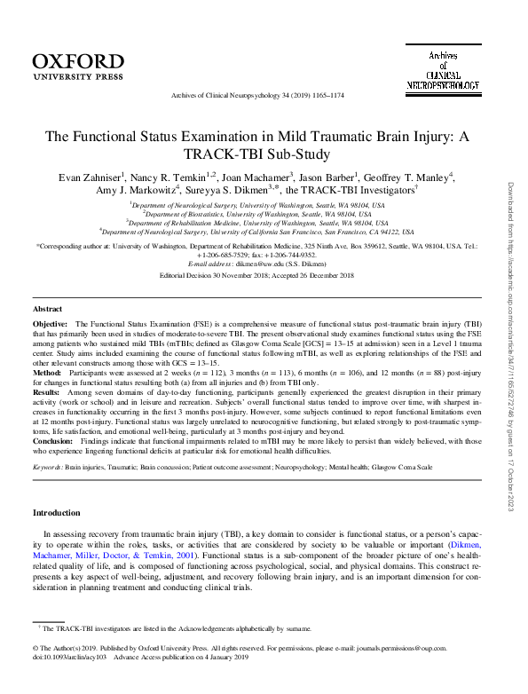 (PDF) The Functional Status Examination in Mild Traumatic Brain Injury ...