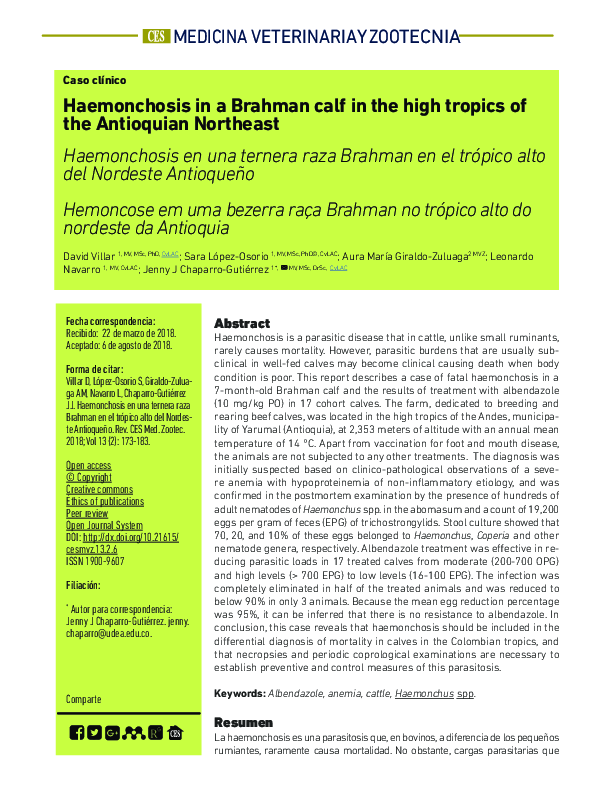 (PDF) Haemonchosis en una ternera raza Brahman en el trópico alto del ...