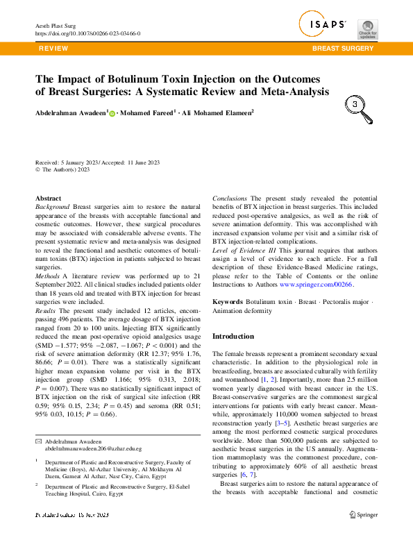 (PDF) The Impact of Botulinum Toxin Injection on the Outcomes of Breast Surgeries: A Systematic ...