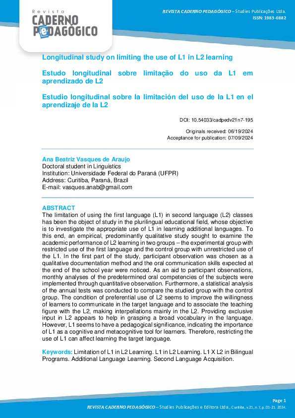 (PDF) Longitudinal study on limiting the use of L1 in L2 learning Estudo longitudinal sobre ...