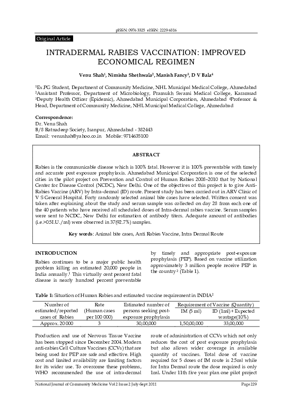 (PDF) INTRADERMAL RABIES VACCINATION: IMPROVED ECONOMICAL REGIMEN
