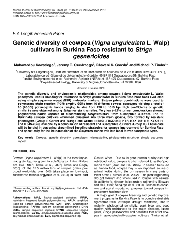 (PDF) Genetic diversity of cowpea (Vigna unguiculata L. Walp) cultivars in Burkina Faso ...