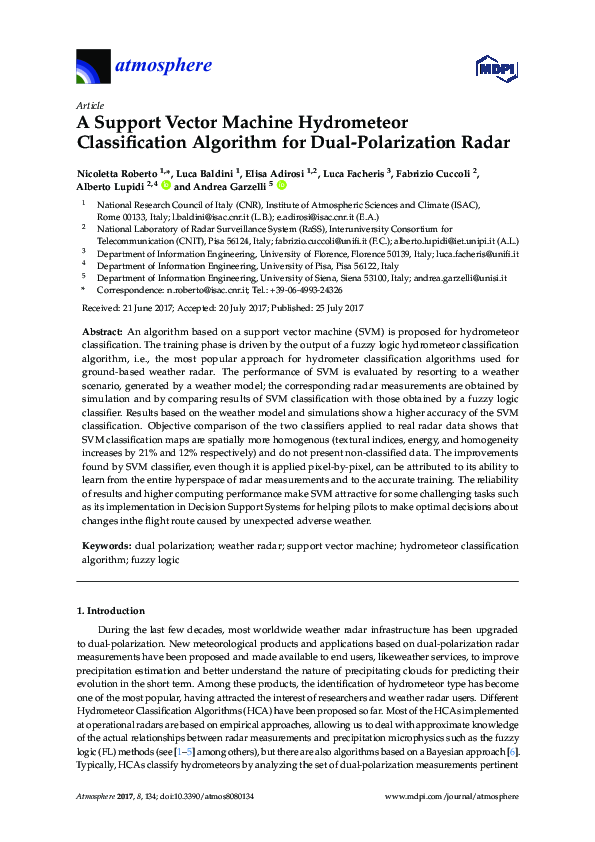 (PDF) A Support Vector Machine Hydrometeor Classification Algorithm for Dual-Polarization Radar