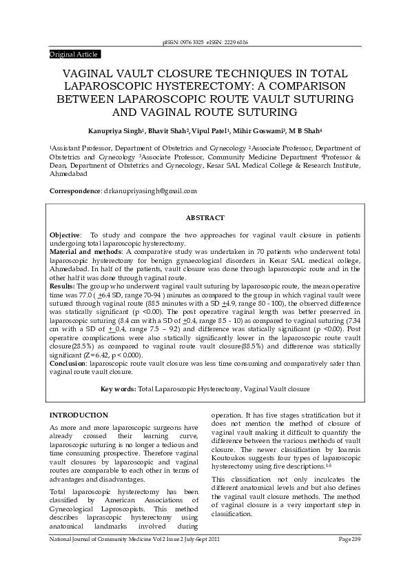 (PDF) VAGINAL VAULT CLOSURE TECHNIQUES IN TOTAL LAPAROSCOPIC ...