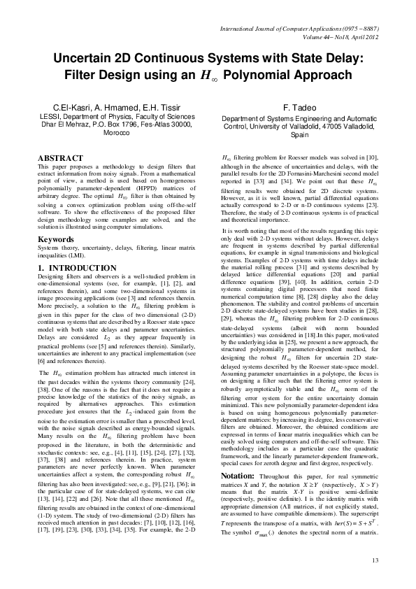 (PDF) Uncertain 2D Continuous Systems with State Delay: Filter Design ...