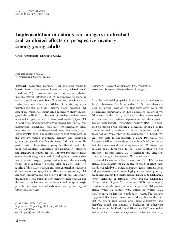 (PDF) Implementation intentions and imagery: individual and combined effects on prospective ...