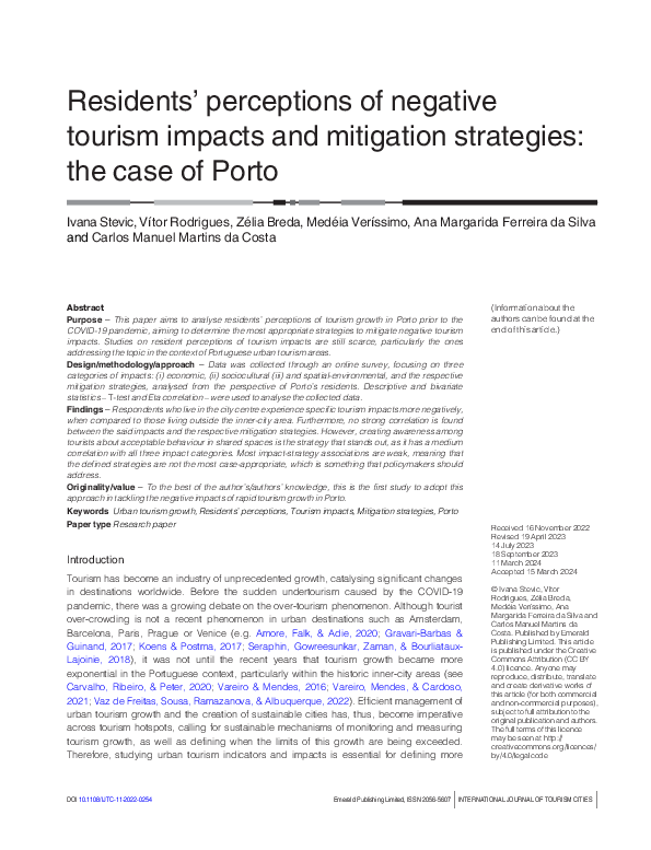 (PDF) Residents' perceptions of negative tourism impacts and mitigation ...