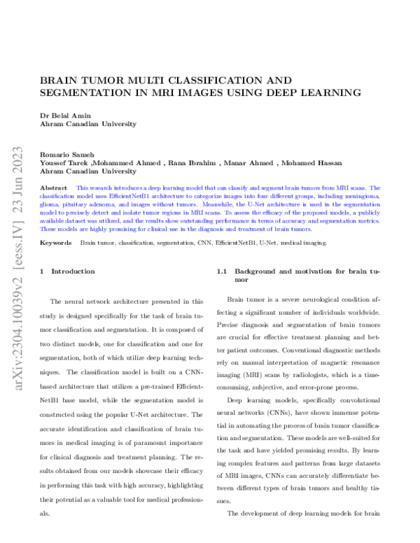 (PDF) Brain tumor multi classification and segmentation in MRO images using deep learning