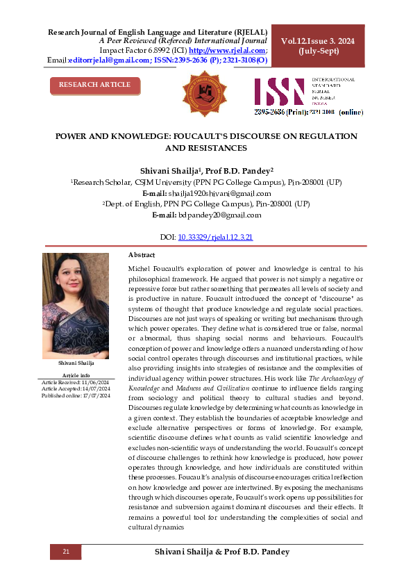 (PDF) Shivani Shailja & Prof B.D. Pandey POWER AND KNOWLEDGE: FOUCAULT ...