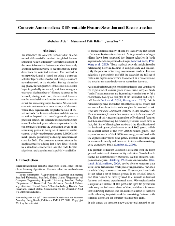 Pdf Concrete Autoencoders Differentiable Feature Selection And