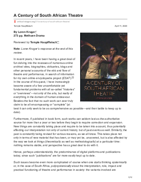 (PDF) A Century of South African Theatre critical-stages-a-century-of ...