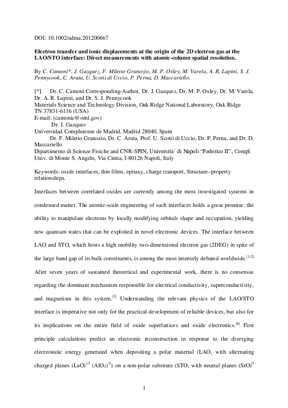 (PDF) Electron Transfer and Ionic Displacements at the Origin of the 2D ...